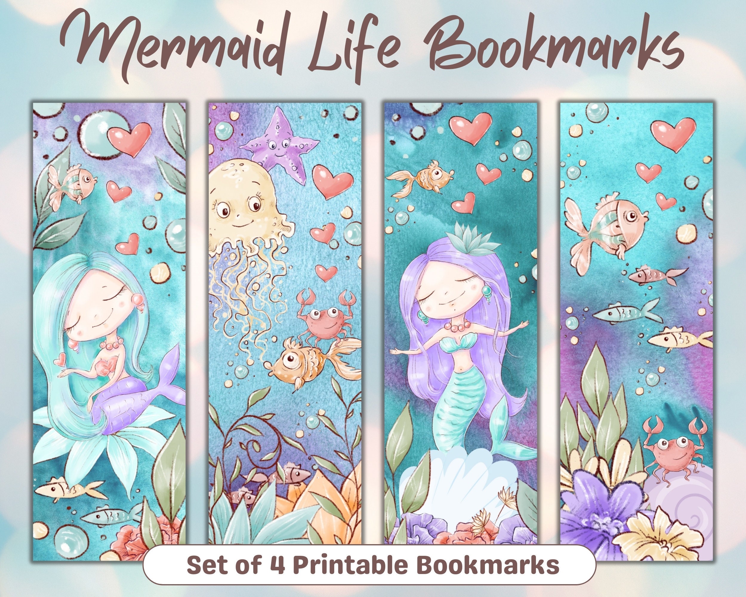 Mermaid Printable Bookmarks, Cute Mermaids, Sea Life Bookmarks, Mermaid ...