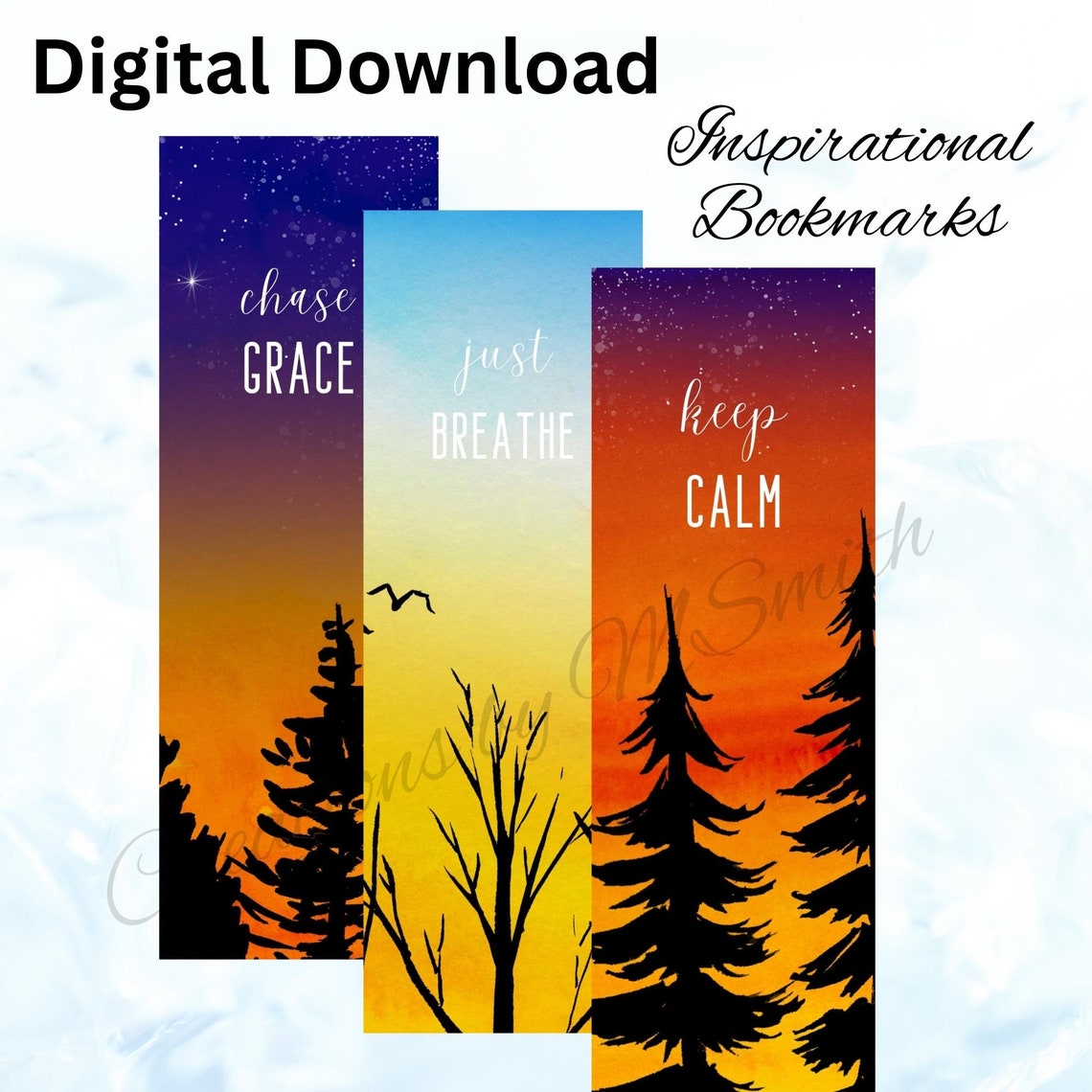 Watercolor Nature Bookmarks, Sunset, Tree Silhouette, Printable ...