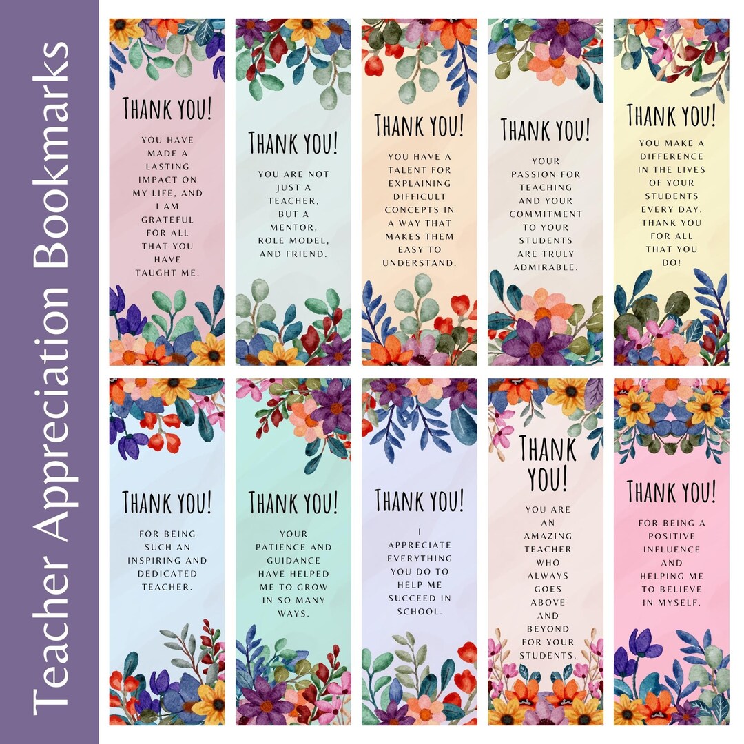 Floral Teacher Appreciation Bookmarks: Printable Thank You Gift (PDF ...