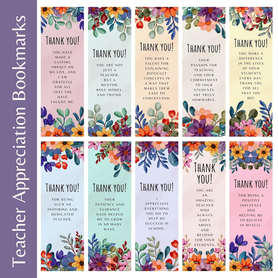 Floral Teacher Appreciation Bookmarks: Printable Thank You Gift (PDF ...
