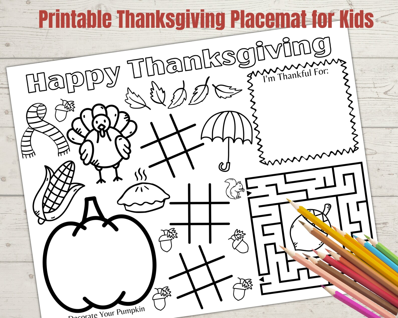 Thanksgiving Activity Placemat, Printable Activity Page, Kids Holiday ...