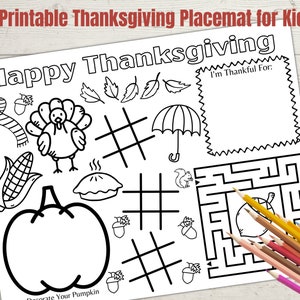 Thanksgiving Activity Placemat, Printable Activity Page, Kids Holiday ...