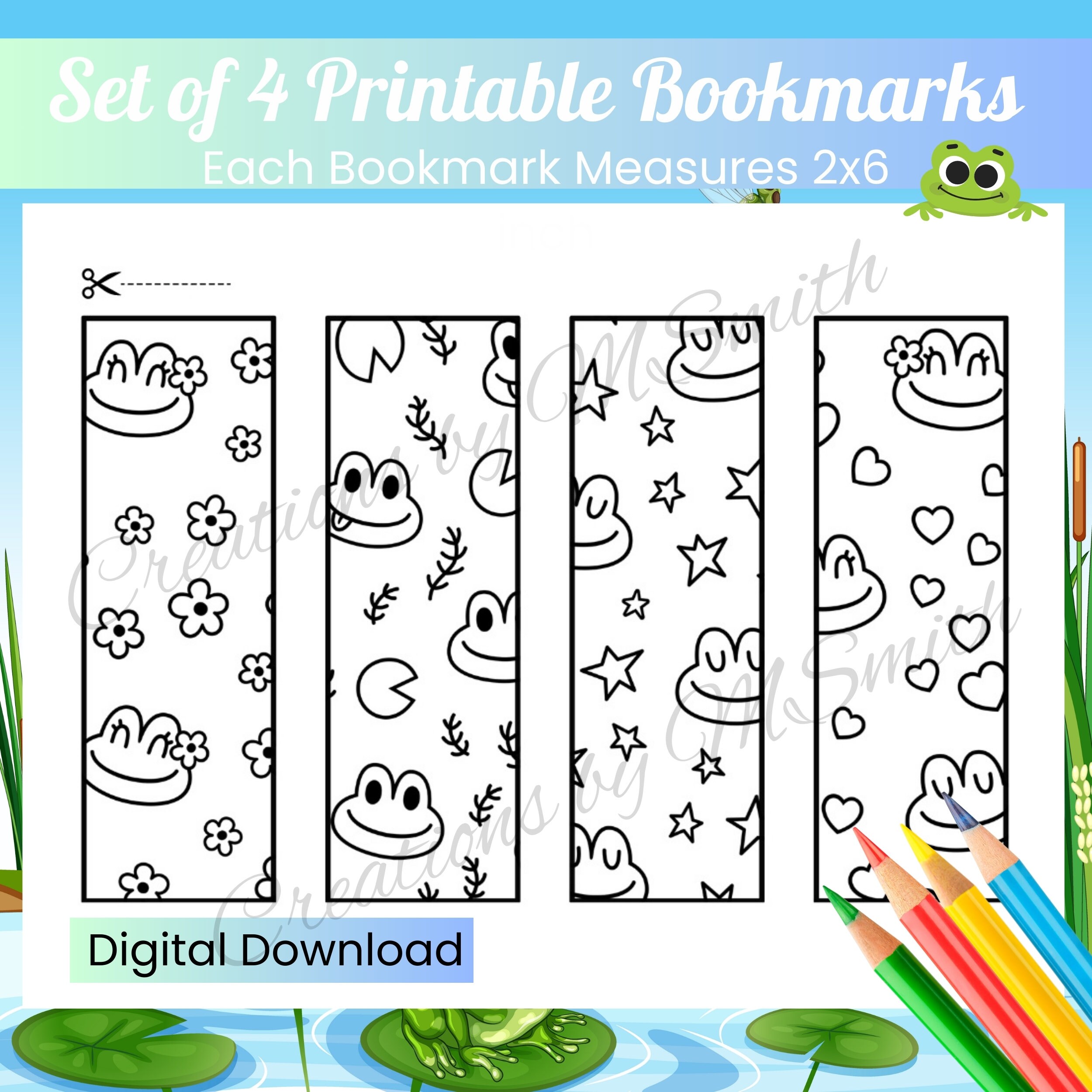 Cute Frog Coloring Bookmarks, Frog Themed Bookmarks, Printable Frog ...