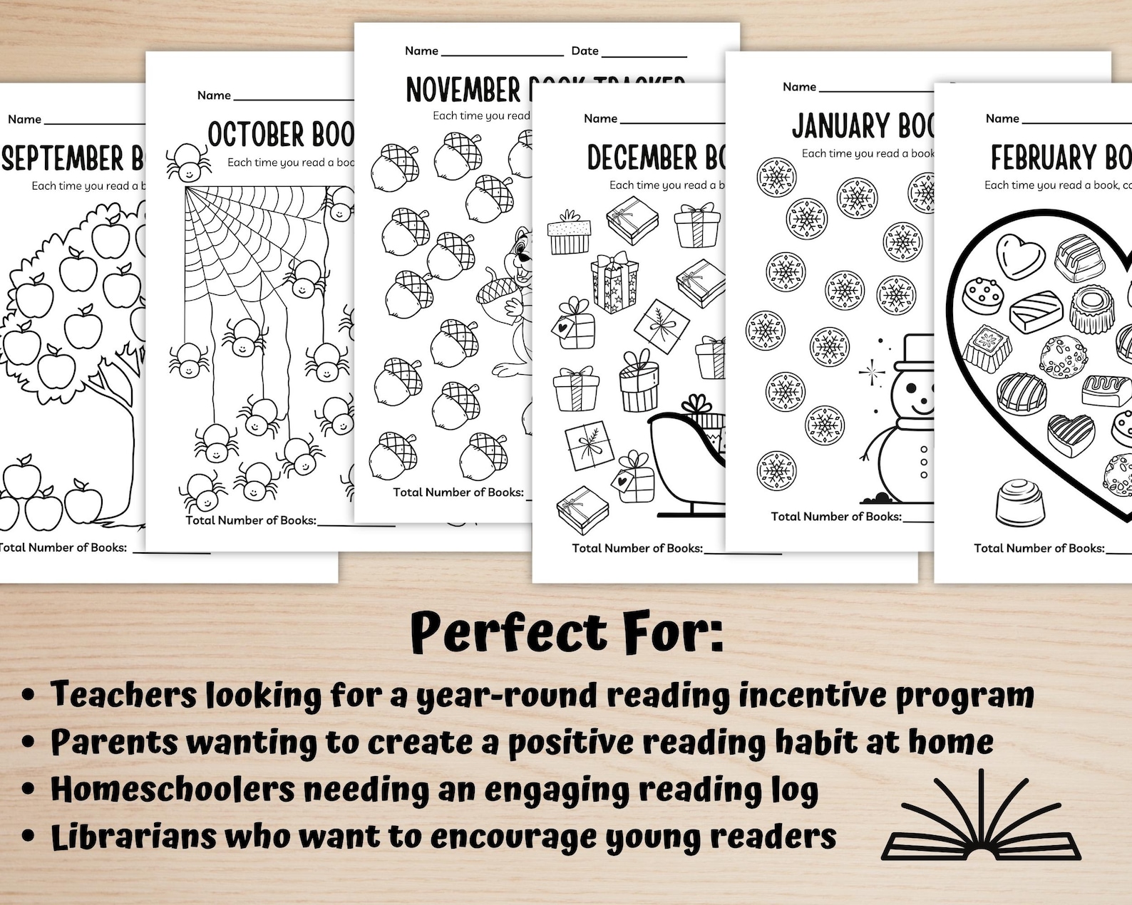 Monthly Reading Trackers for Kids, Yearlong Reading Log, Track and ...