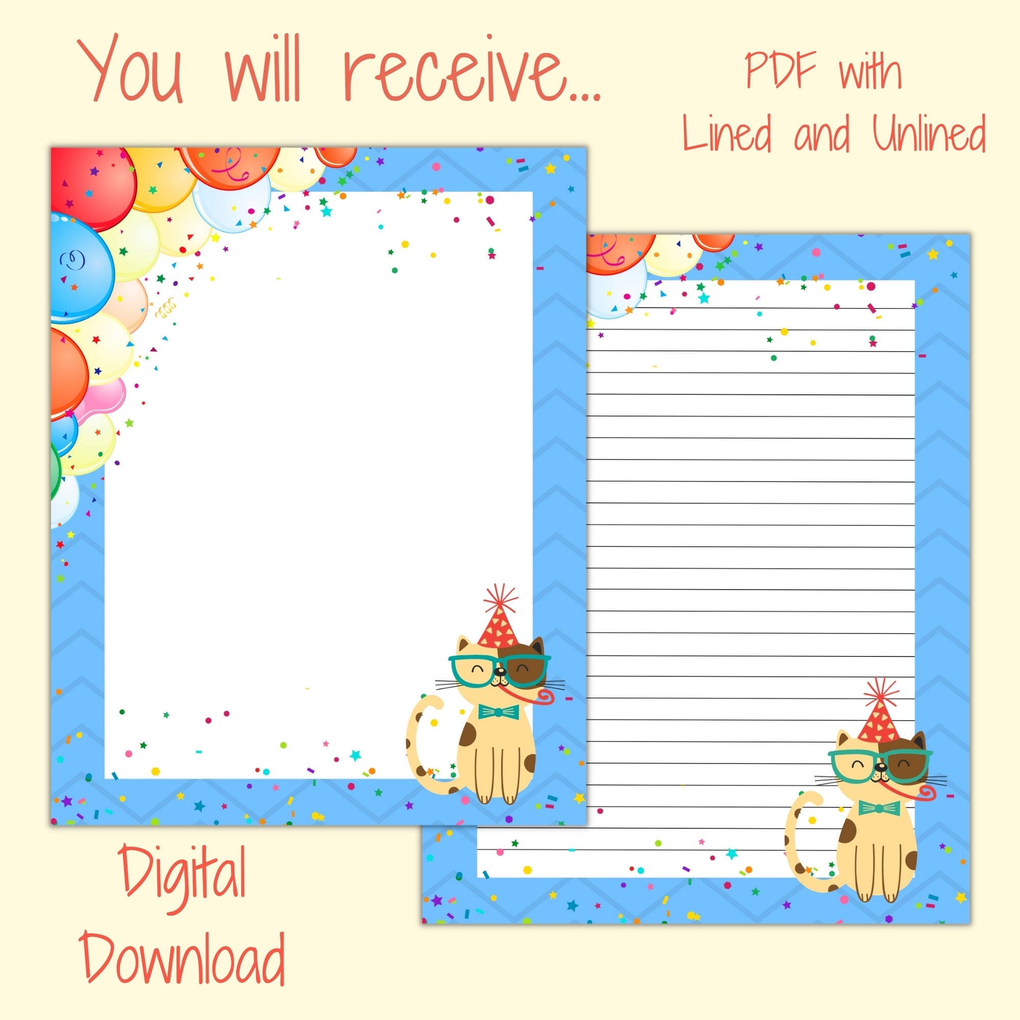 Birthday Stationery Printable, Party Cat Stationery, Lined and Unlined ...