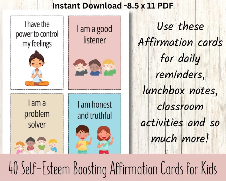 Affirmation Cards for Kids Printable, Self Esteem Boosting, Positive ...