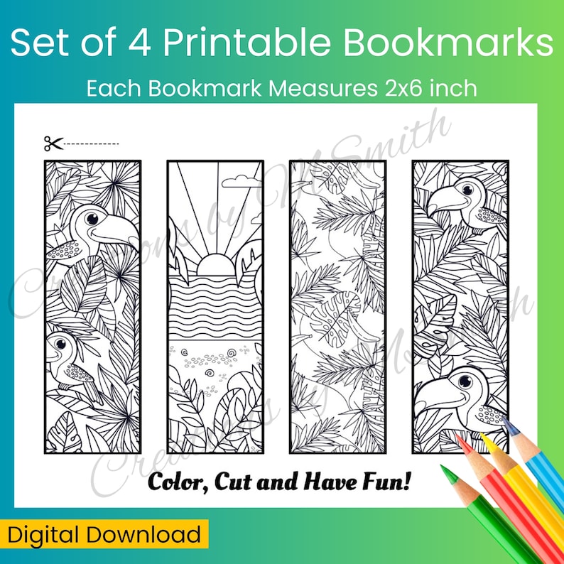 Tropical Coloring Bookmarks, Printable Summer Coloring Bookmarks, Beach ...