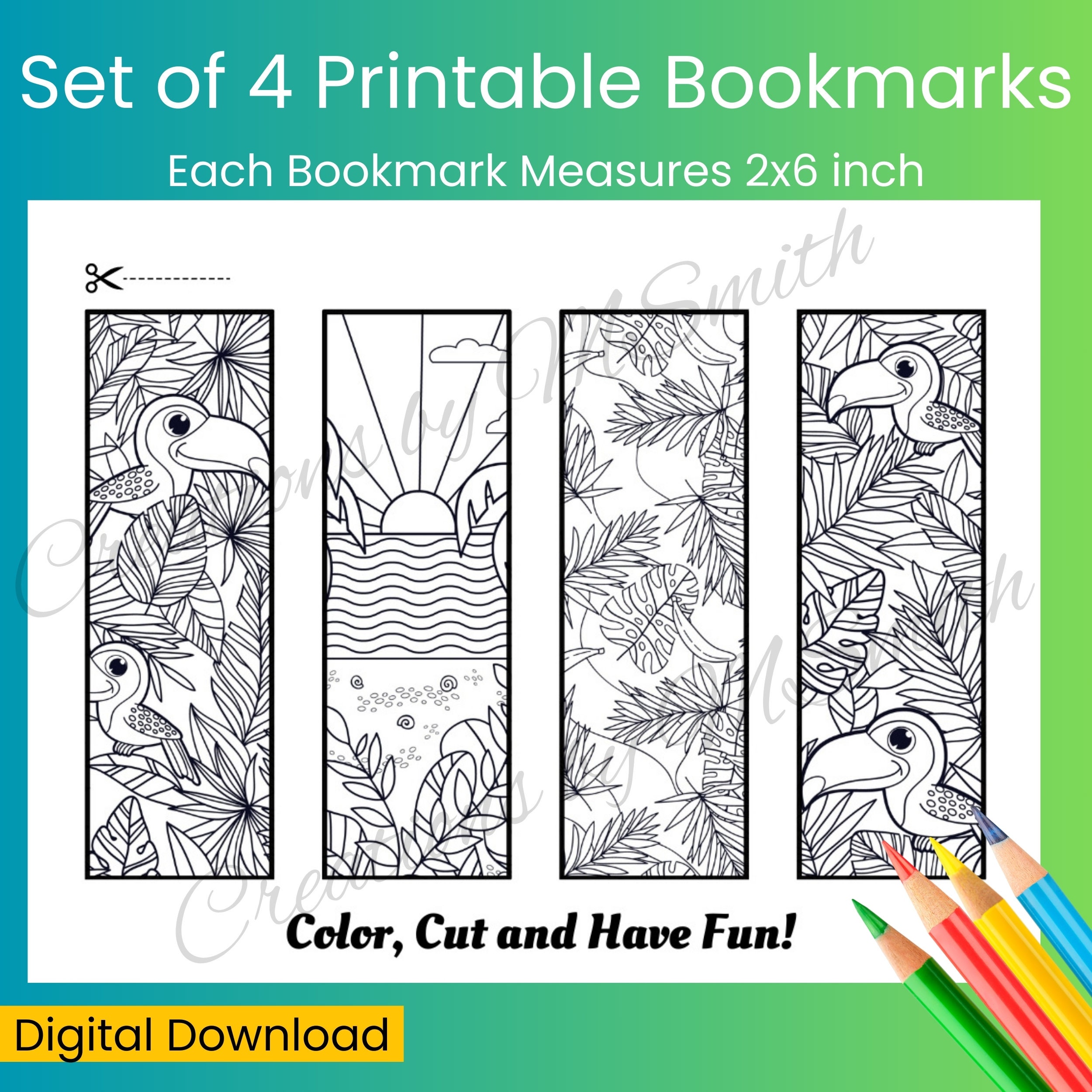 Tropical Coloring Bookmarks, Printable Summer Coloring Bookmarks, Beach ...
