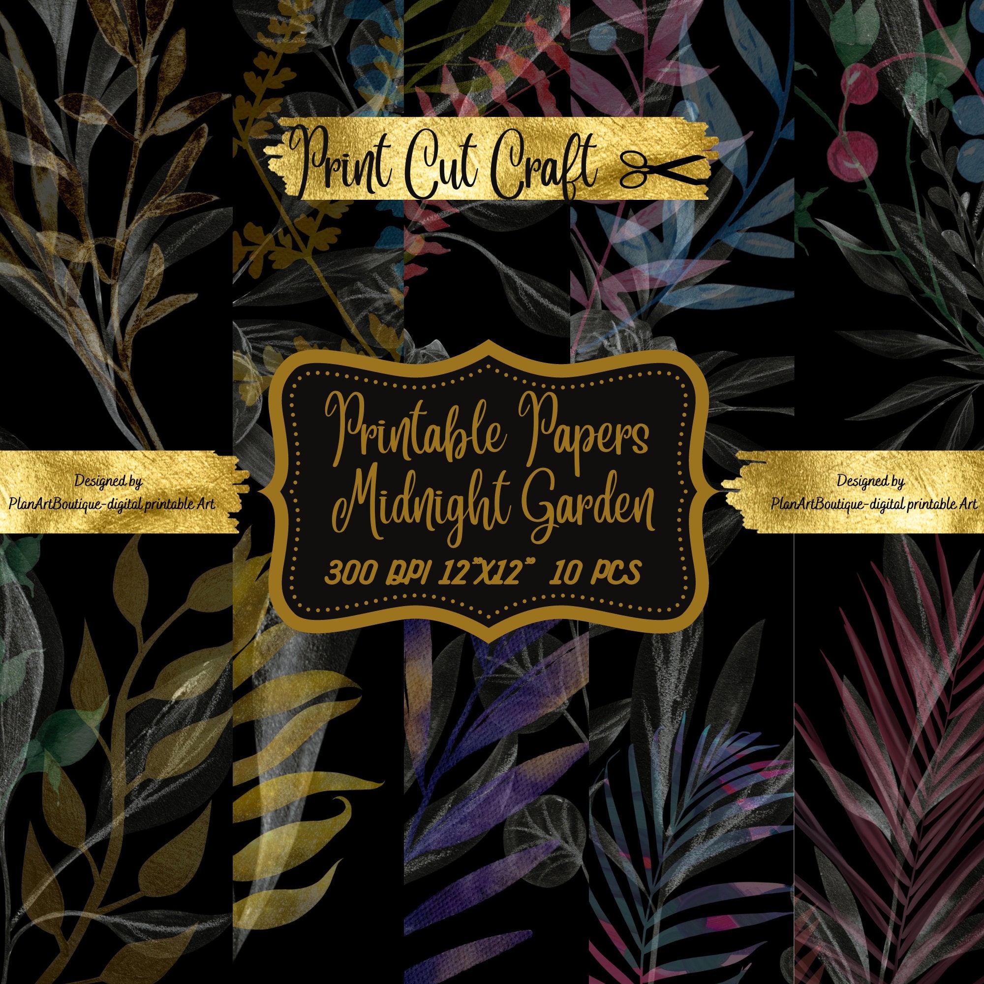 Printable Digital Paper MIDNIGHT GARDEN 10 Large Sheets for Decoupage ...