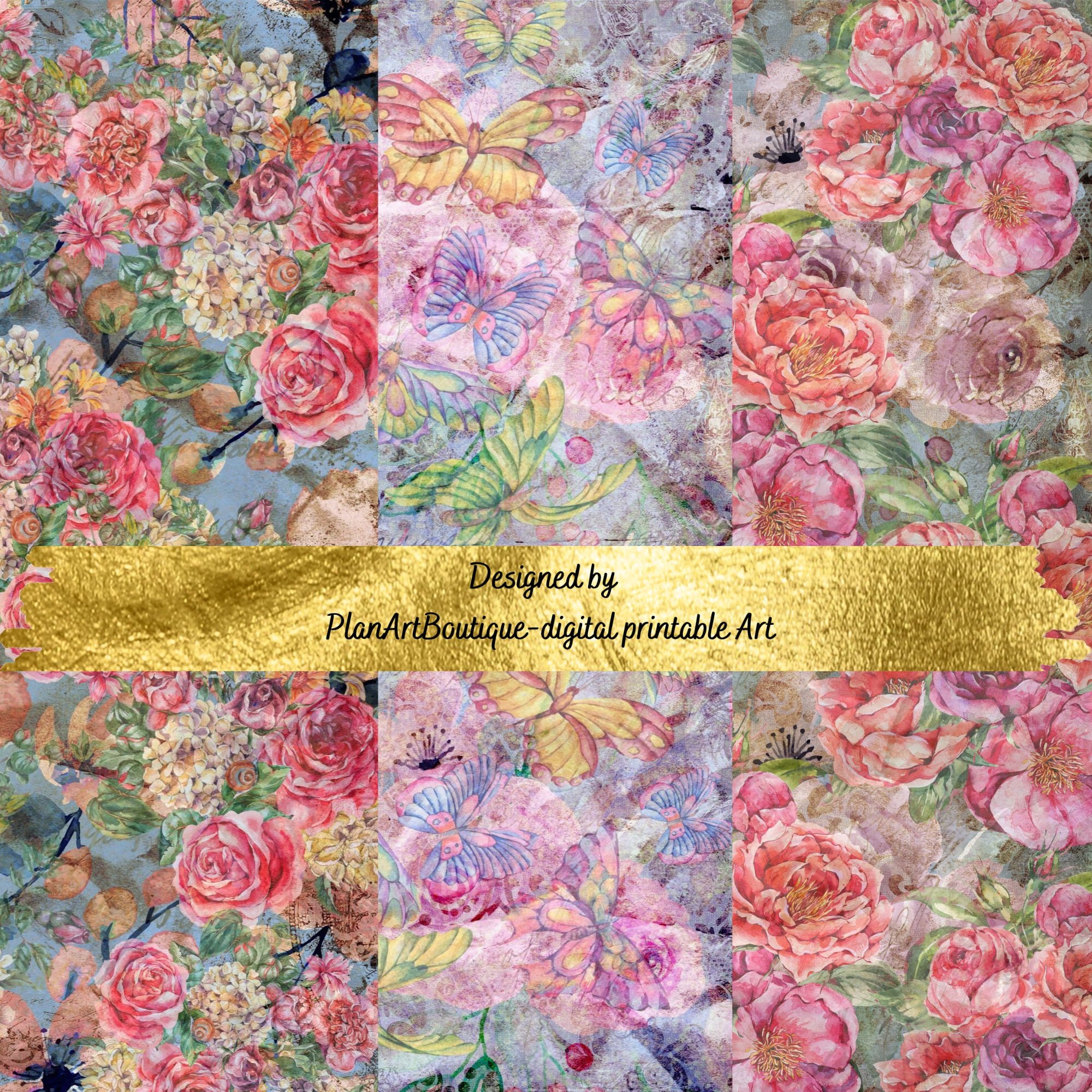 Printable Digital Paper FLORAL DREAM VINTAGE 6 Large Sheets for ...