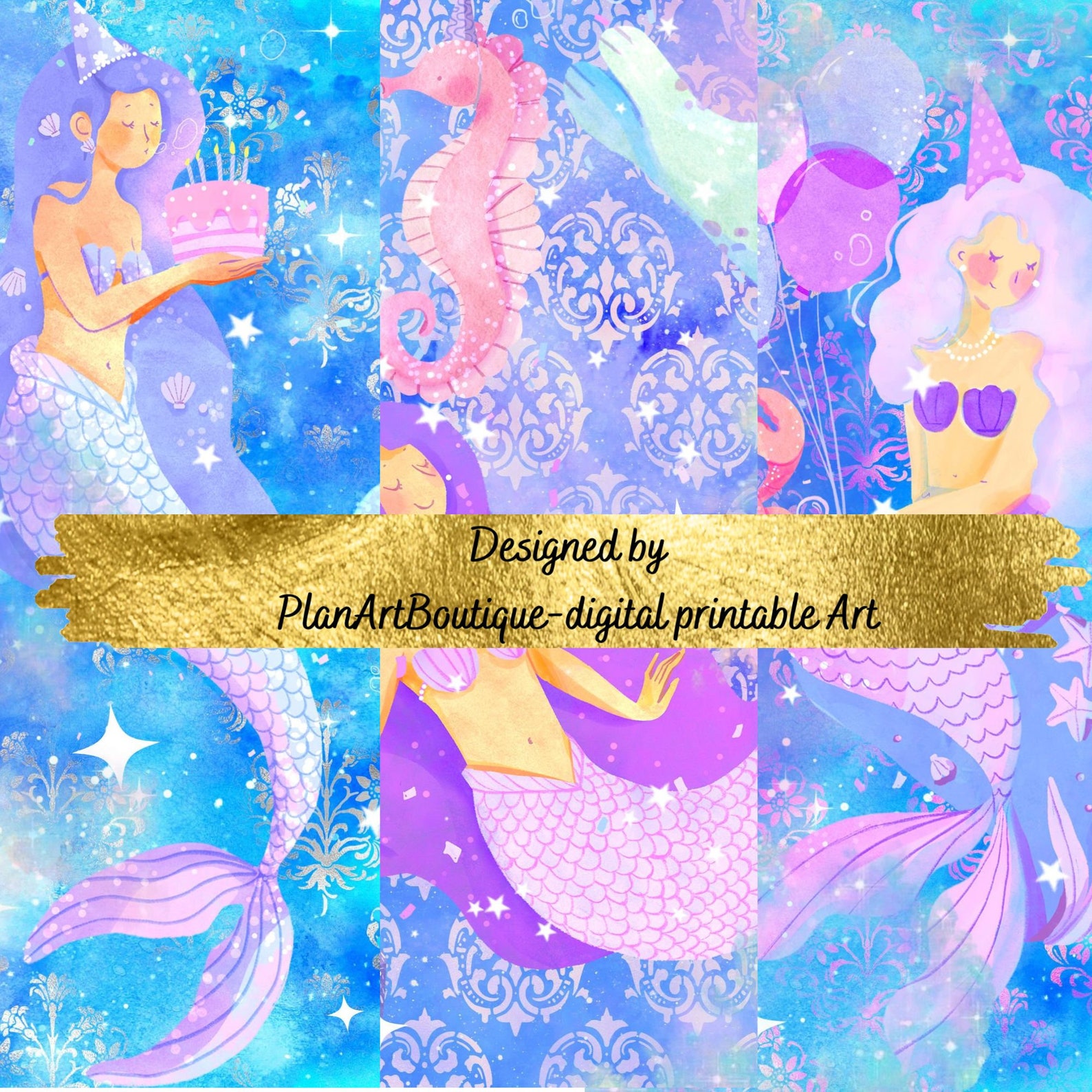 Printable Digital Paper CELEBRATING MERMAIDS 6 Large Sheets for ...