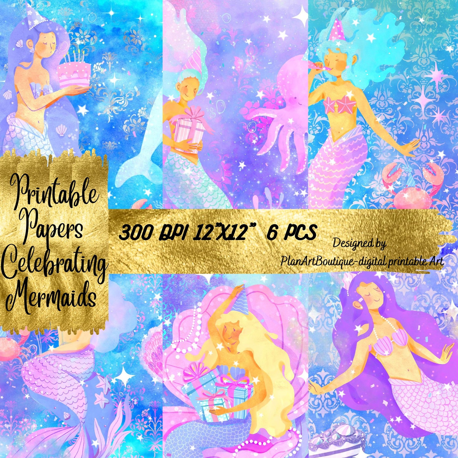 Printable Digital Paper CELEBRATING MERMAIDS 6 Large Sheets for ...