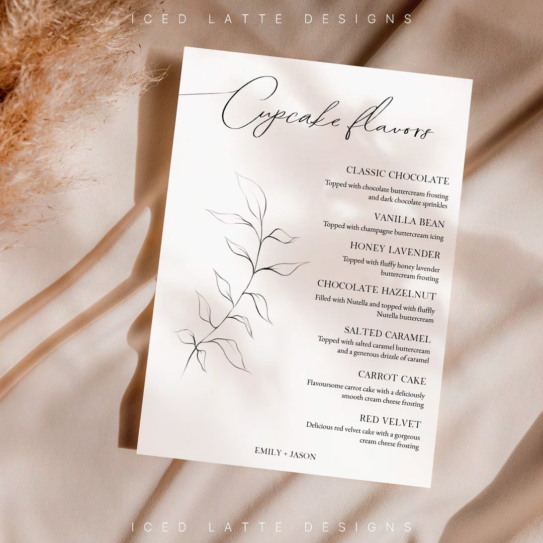 BLOOM Minimalist Wedding Cupcake Menu Template, Modern Wedding Menu ...