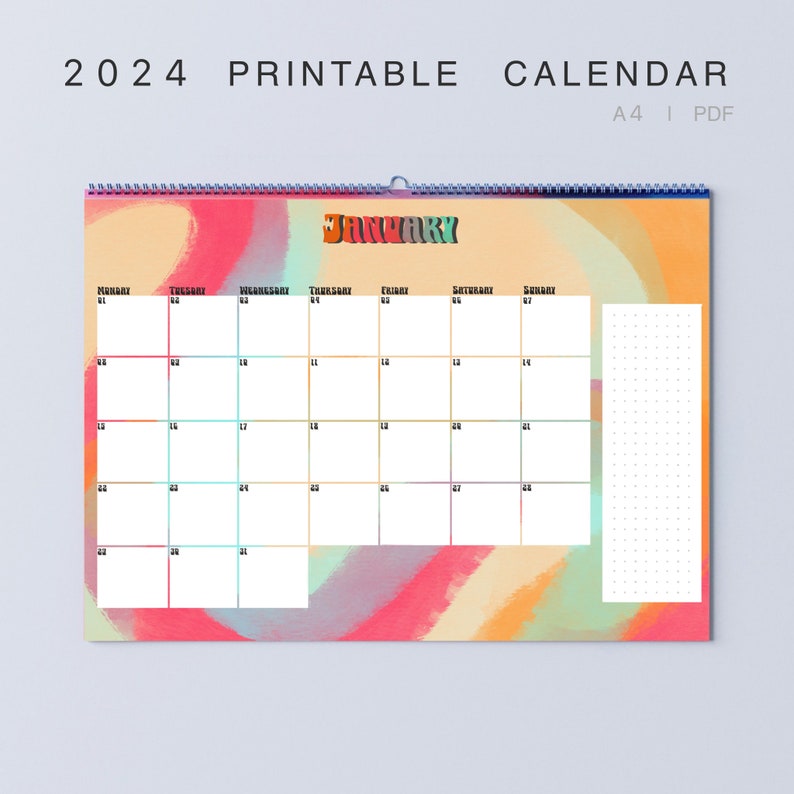 Printable 2024 Calendar A4 Colourful- Organiser, Planner, Wall-calendar ...