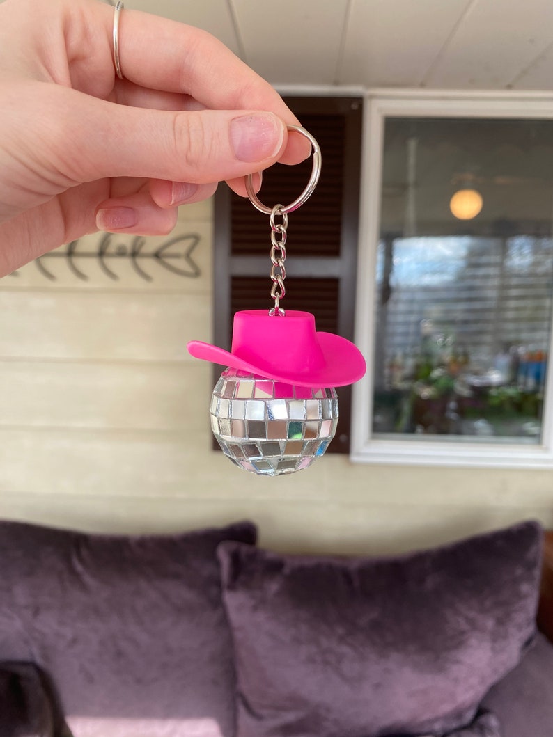 Disco Ball Cowgirl Hat Pink Keychain Preppy Western Keychain - Etsy