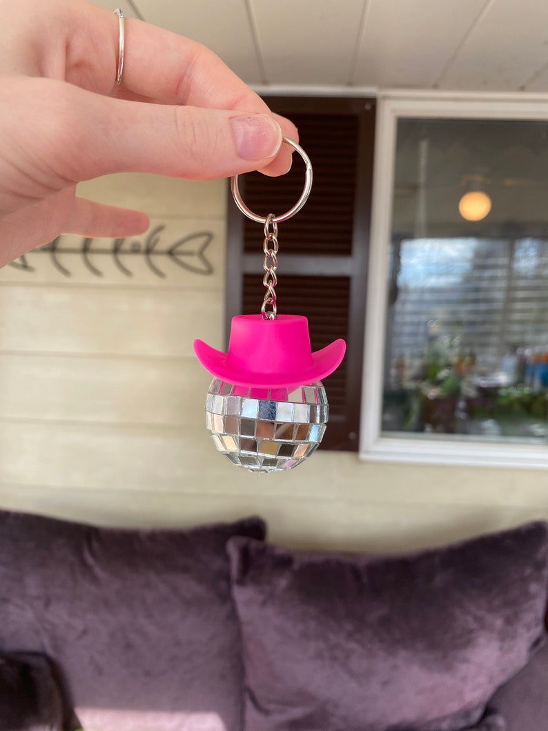 Disco Ball Cowgirl Hat Pink Keychain Preppy Western Keychain - Etsy