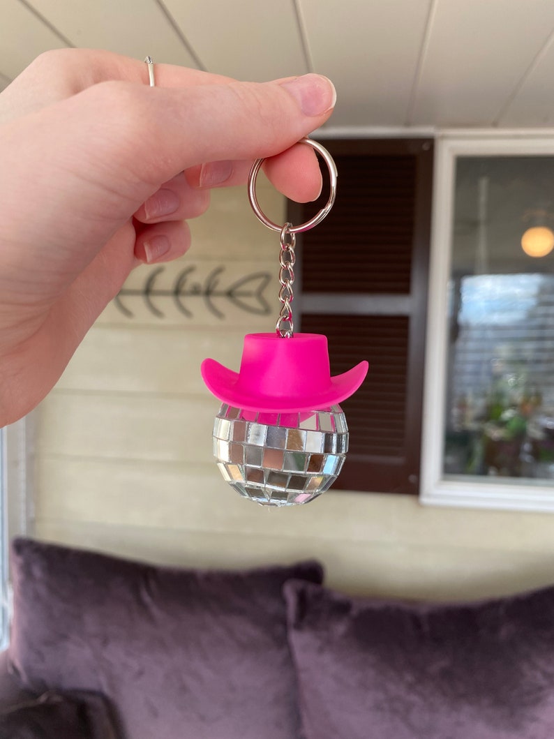 Disco Ball Cowgirl Hat Pink Keychain Preppy Western Keychain - Etsy
