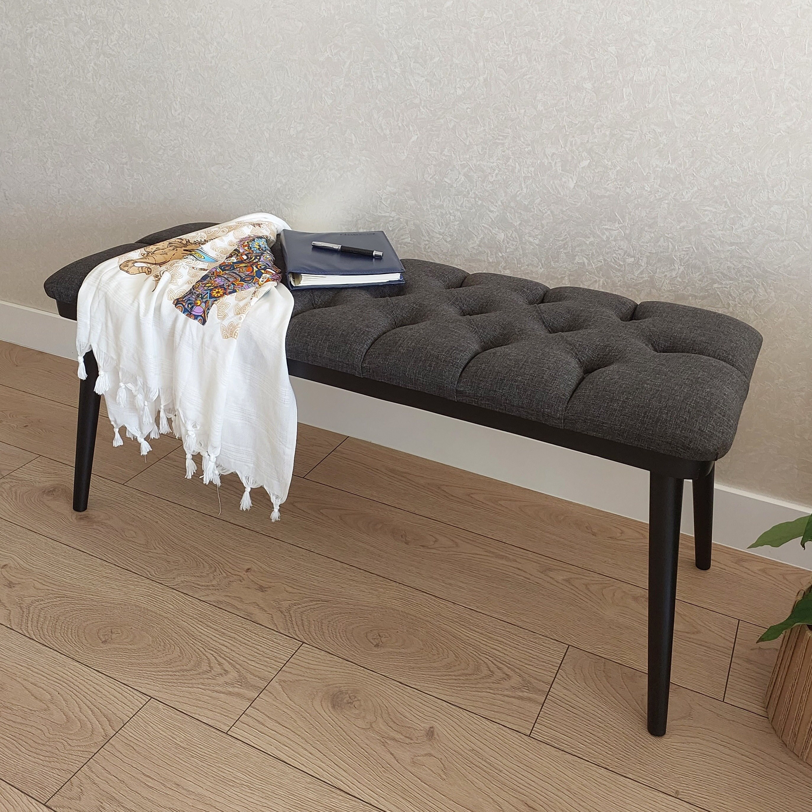 Gray Bench/beech Wood and Quilted Linen Fabric Gray Pouf/home and ...