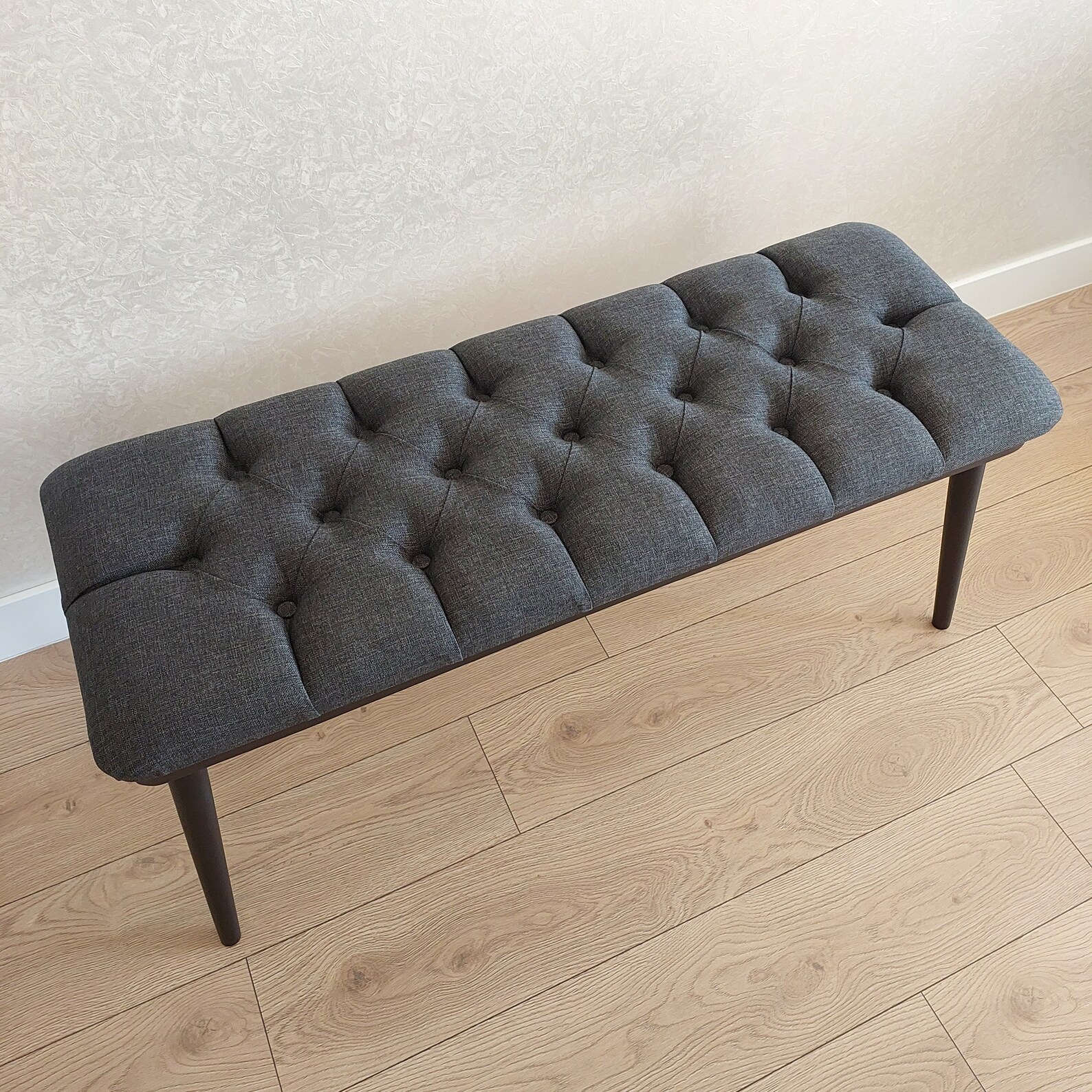 Gray Bench/beech Wood and Quilted Linen Fabric Gray Pouf/home and ...