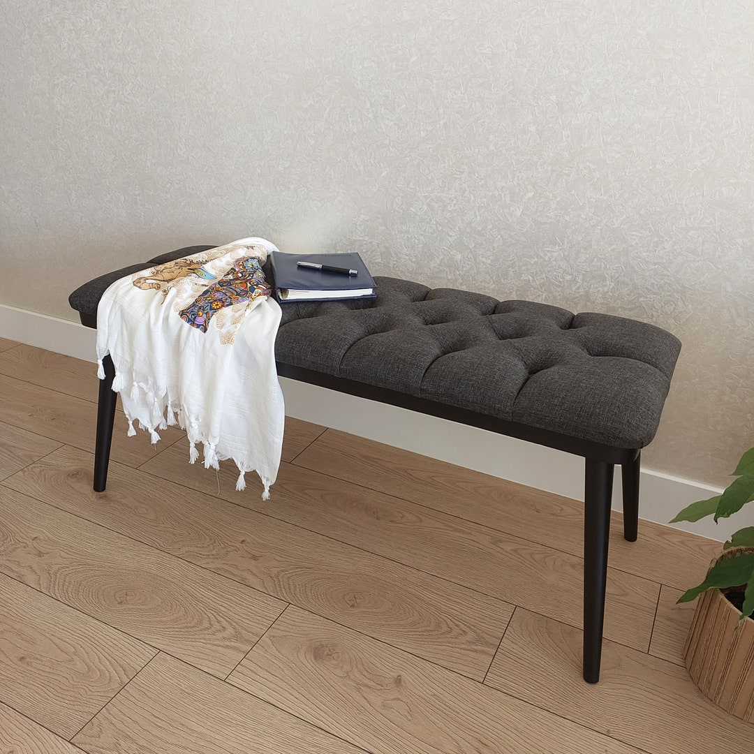 Gray Bench/beech Wood and Quilted Linen Fabric Gray Pouf/home and ...