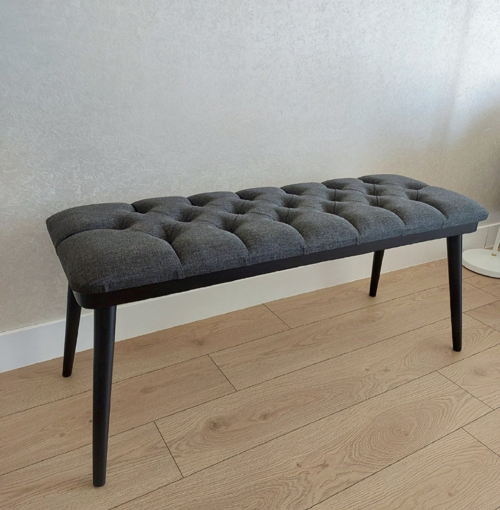 Gray Bench/beech Wood and Quilted Linen Fabric Gray Pouf/home and ...