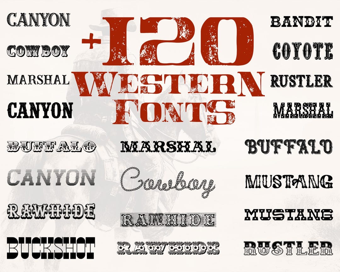 Western Font Bundle 120 Wild West Cowboy Fonts Rustic Frontier Saloon ...