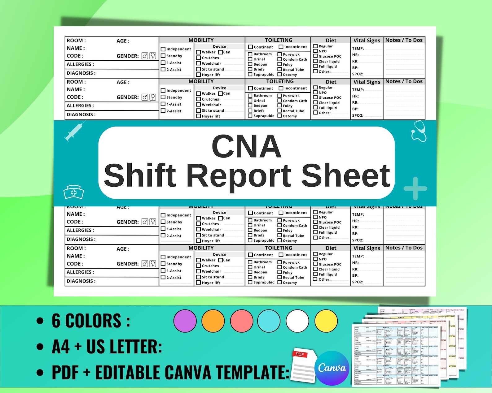CNA Shift Report Sheet – Editable Care Planner for Certified Nursing ...