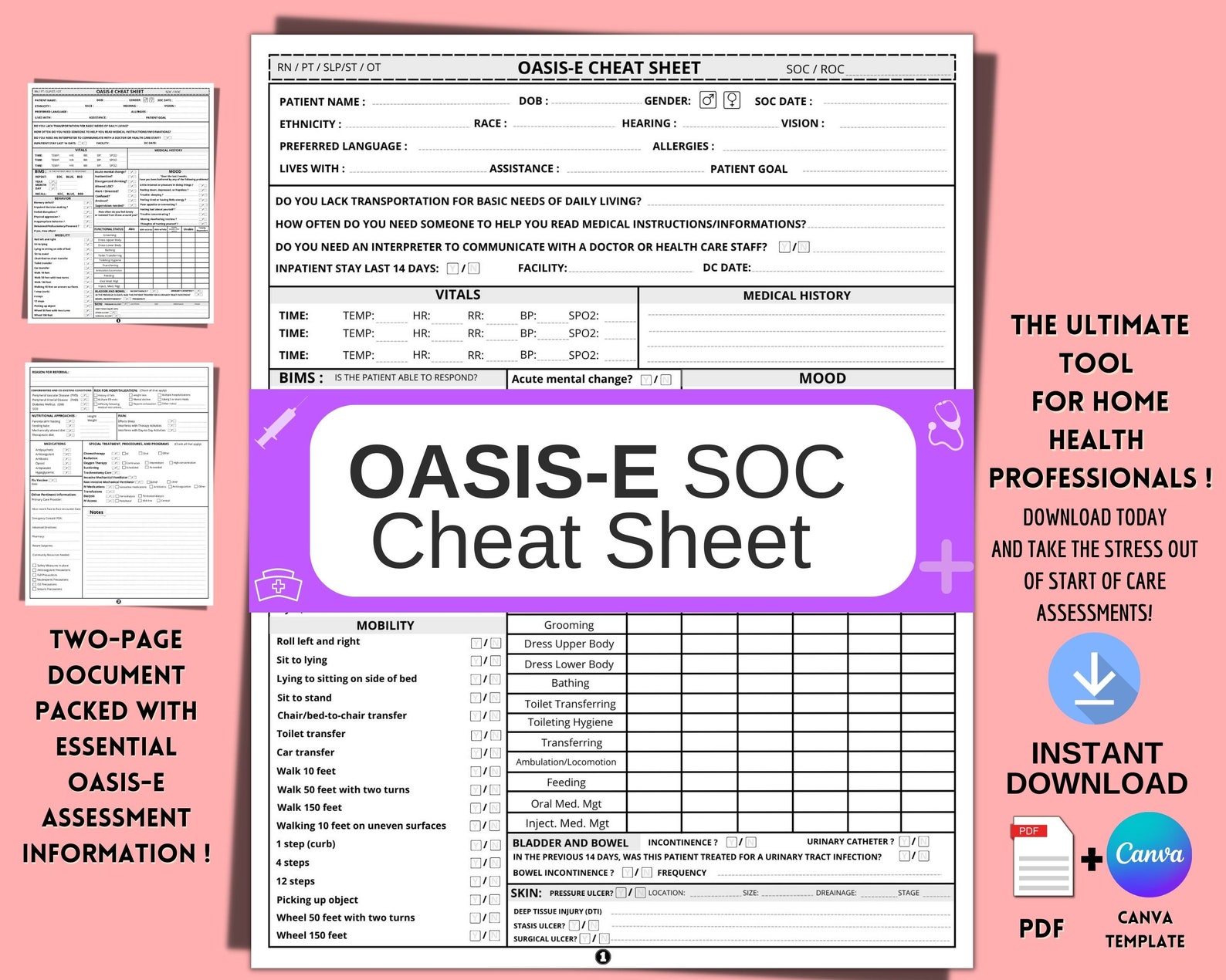 OASIS-E Cheat Sheet, Start of Care Template, OASIS Home Health Nurse ...