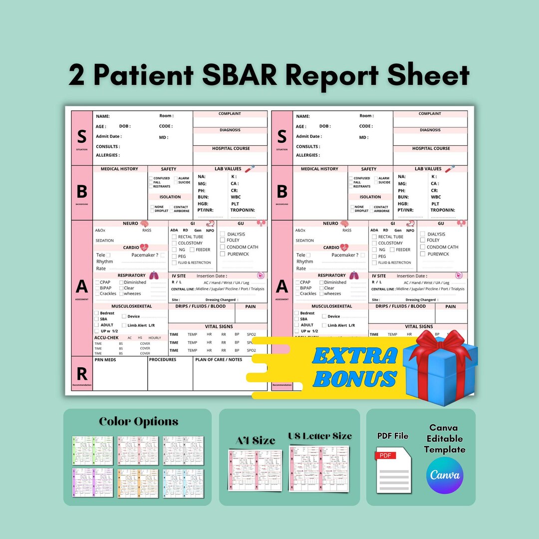 Two Patients SBAR Nursing Report Sheet, Printable Nurse Student SBAR ...