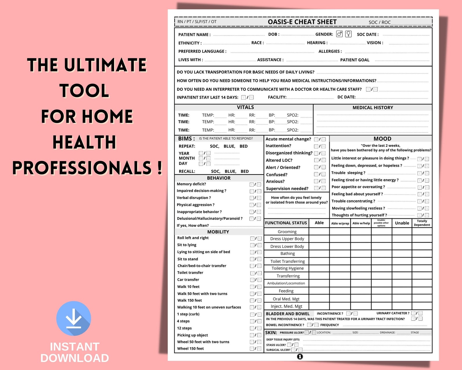 OASIS-E Cheat Sheet, Start of Care Template, OASIS Home Health Nurse ...