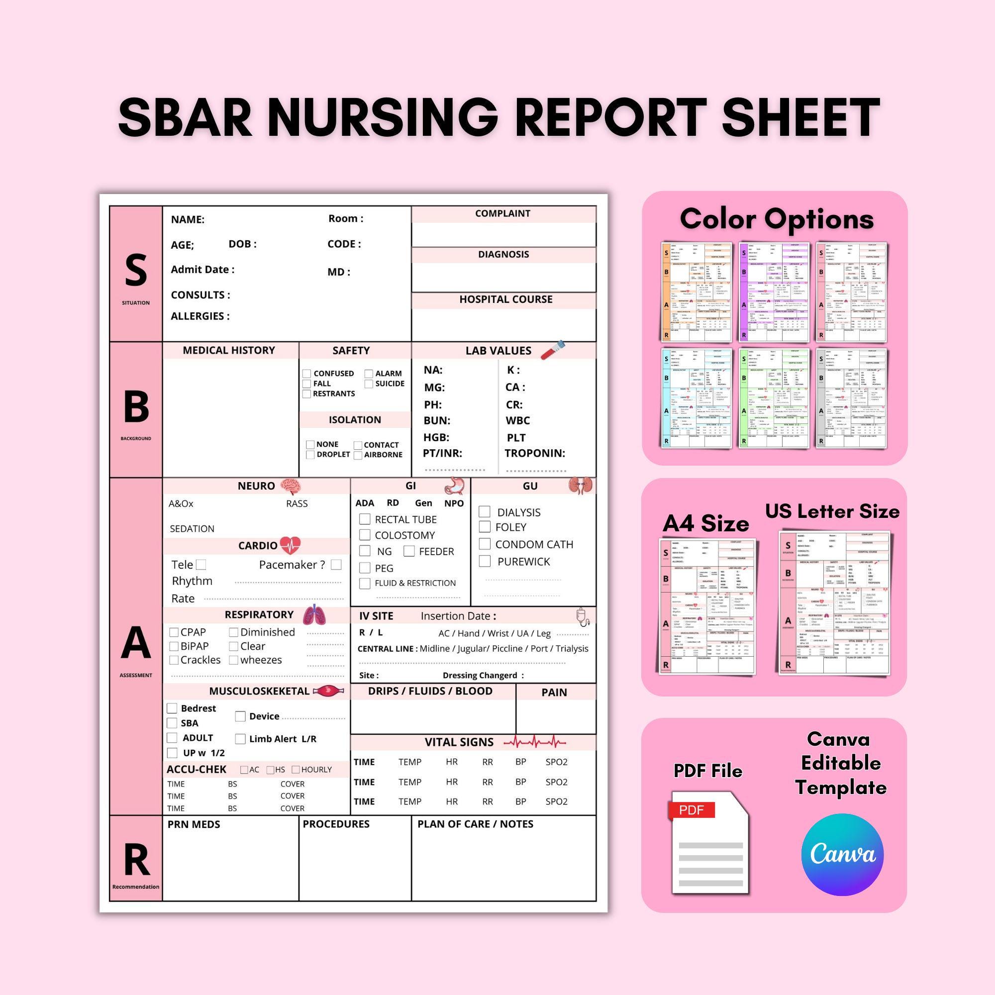 SBAR Nursing Report Sheet, Printable Nurse Student SBAR Report Sheet ...