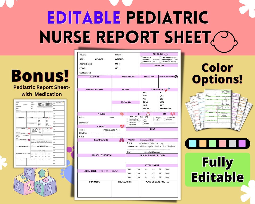 Editable Pediatric Nurse Report Sheet: PICU Handoff Template (A4/LETTER ...