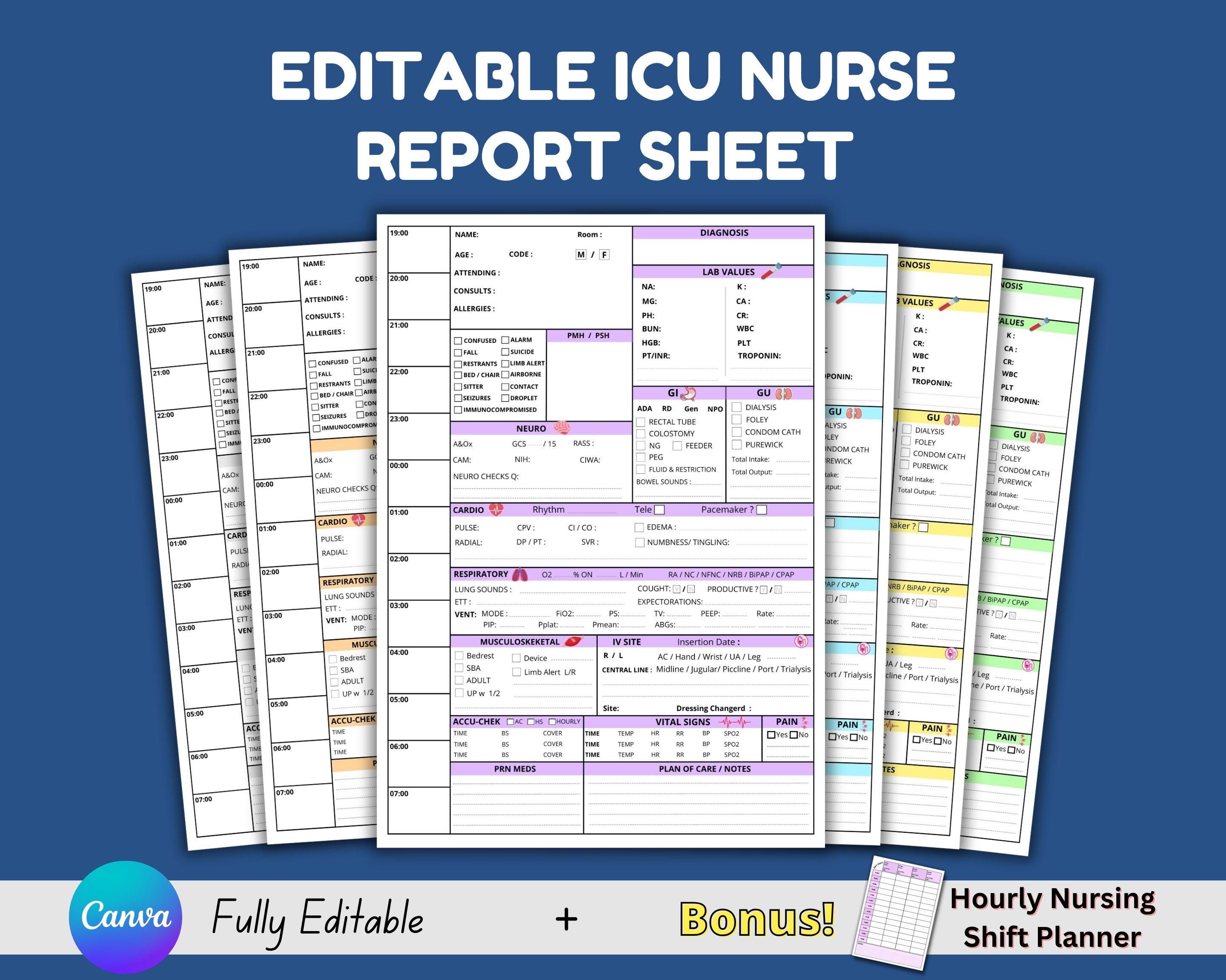 Editable ICU Nurse Report Sheet With Hourly Rounding (PDF & Canva ...