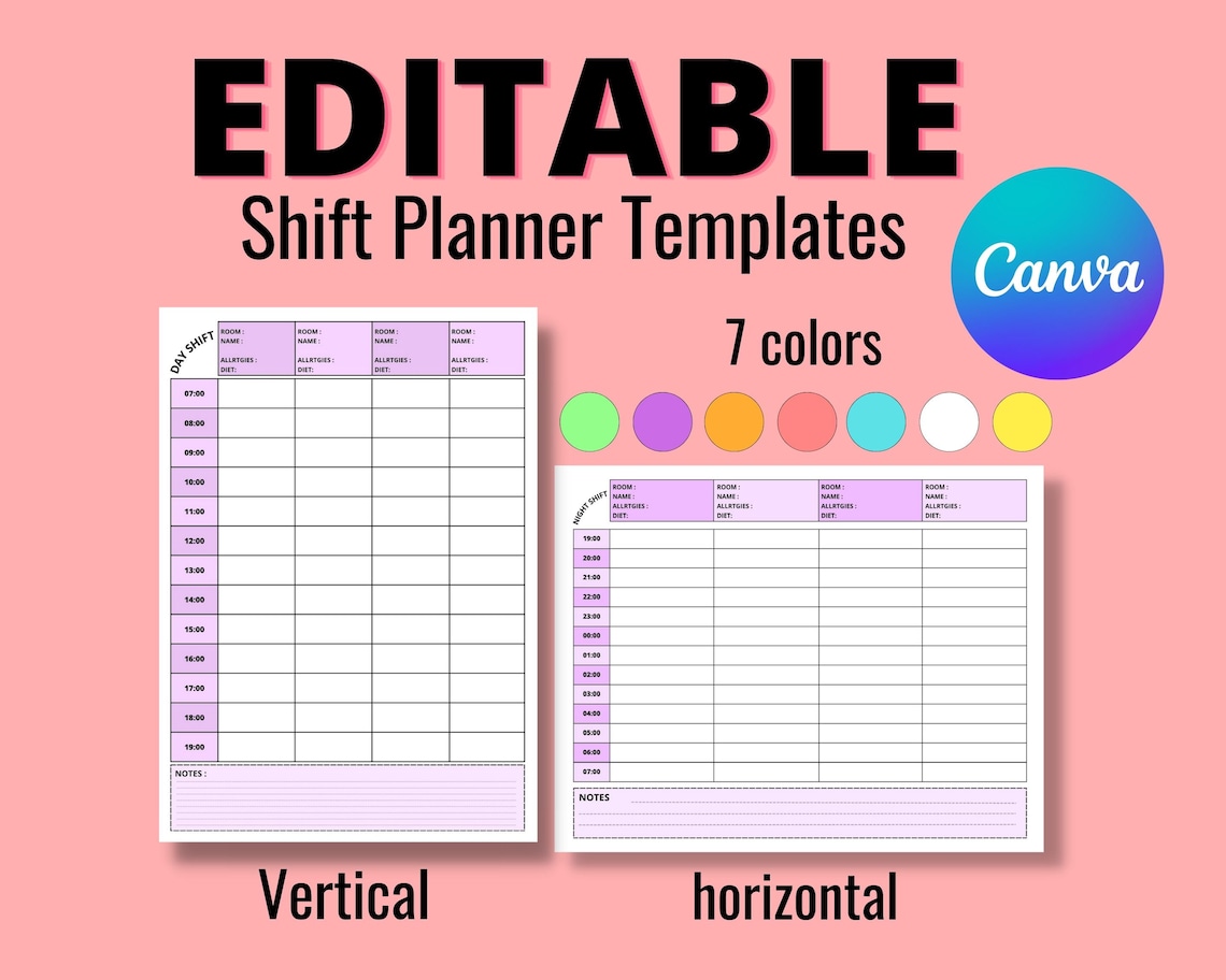 Editable Nursing Shift Planner: Hourly Schedule for 4 Patients, A4, US ...