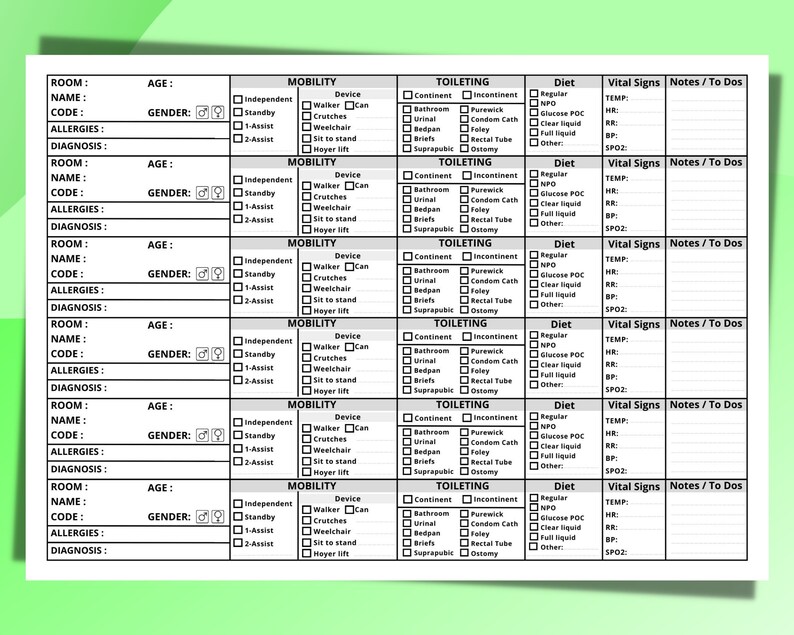 CNA Shift Report Sheet | Certified Nursing Assistant Brain Sheet for 6 ...