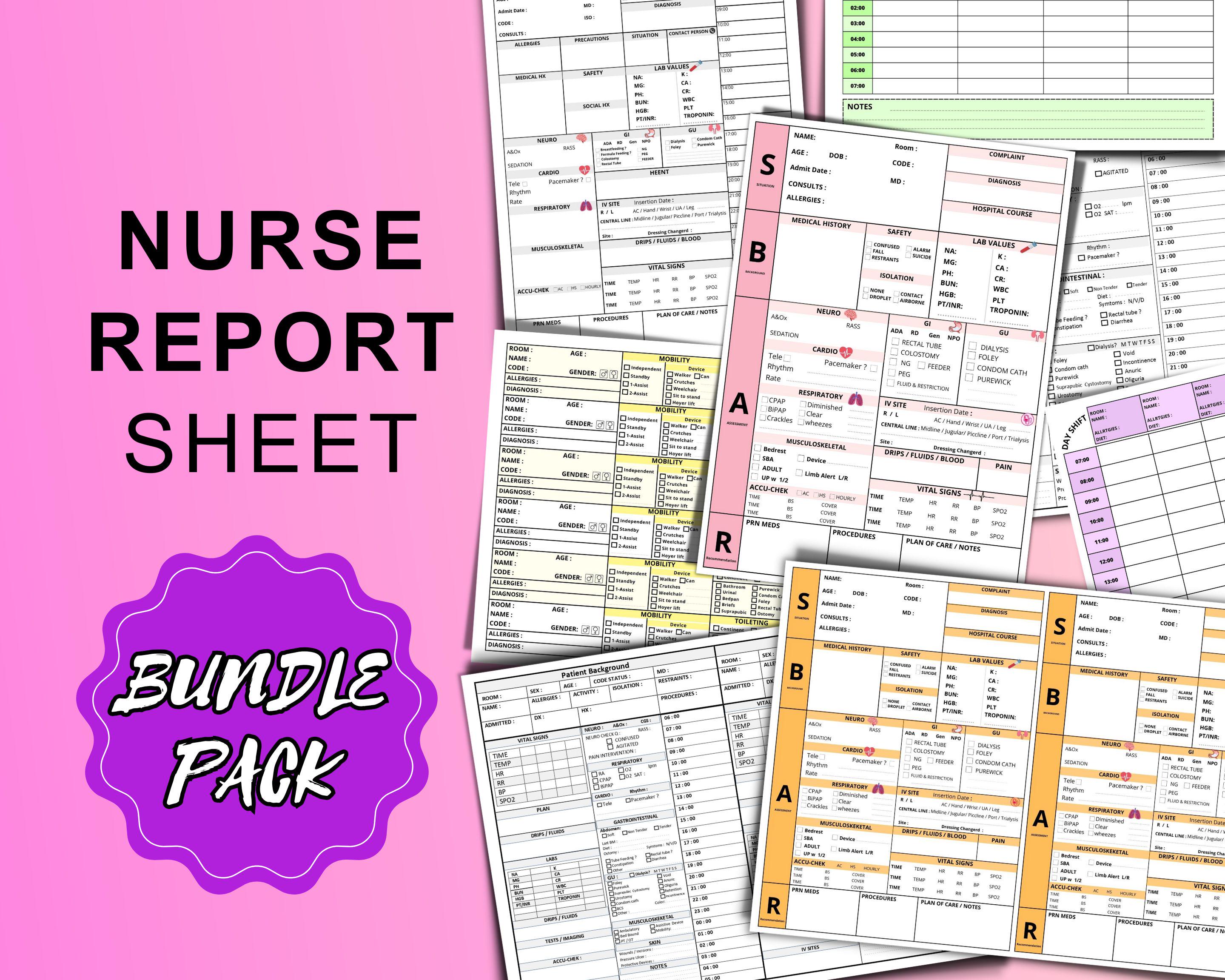 Nurse Report Sheet Bundle: SBAR, Medsurg, ICU, Patient Log, Health ...