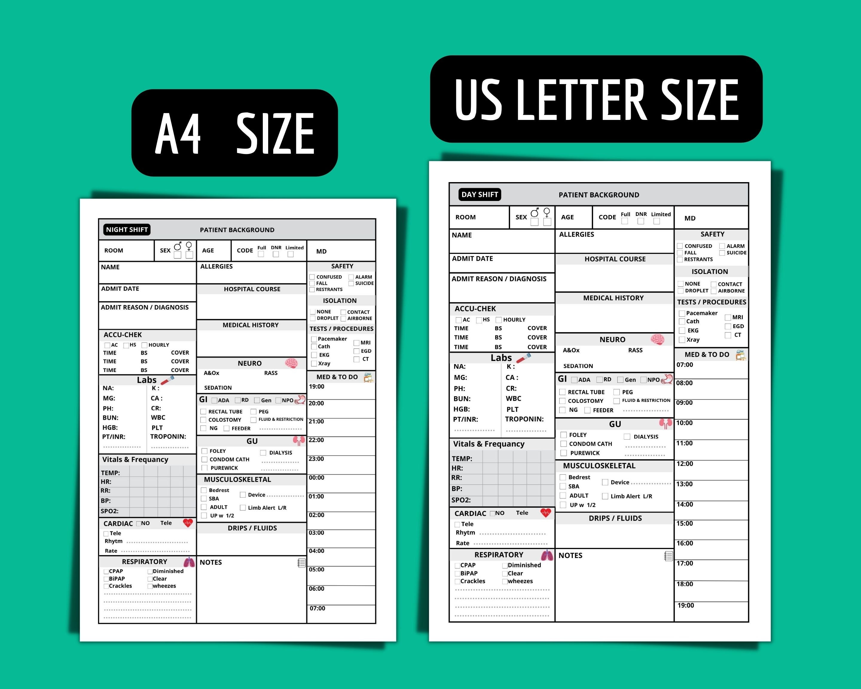 Printable Nursing Report Sheet Day and Night Shift Single - Etsy