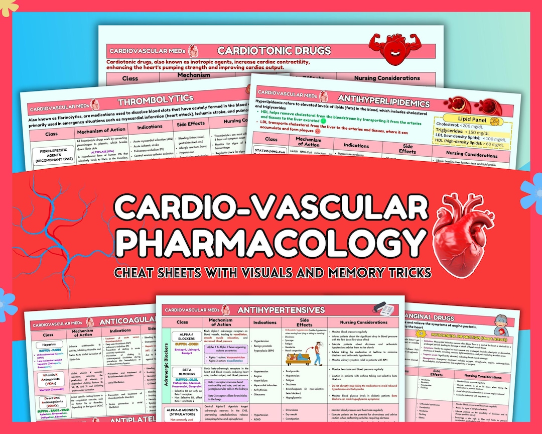 Cardiac Pharmacology Cheat Sheet Bundle, Nursing Notes Study Guide With ...