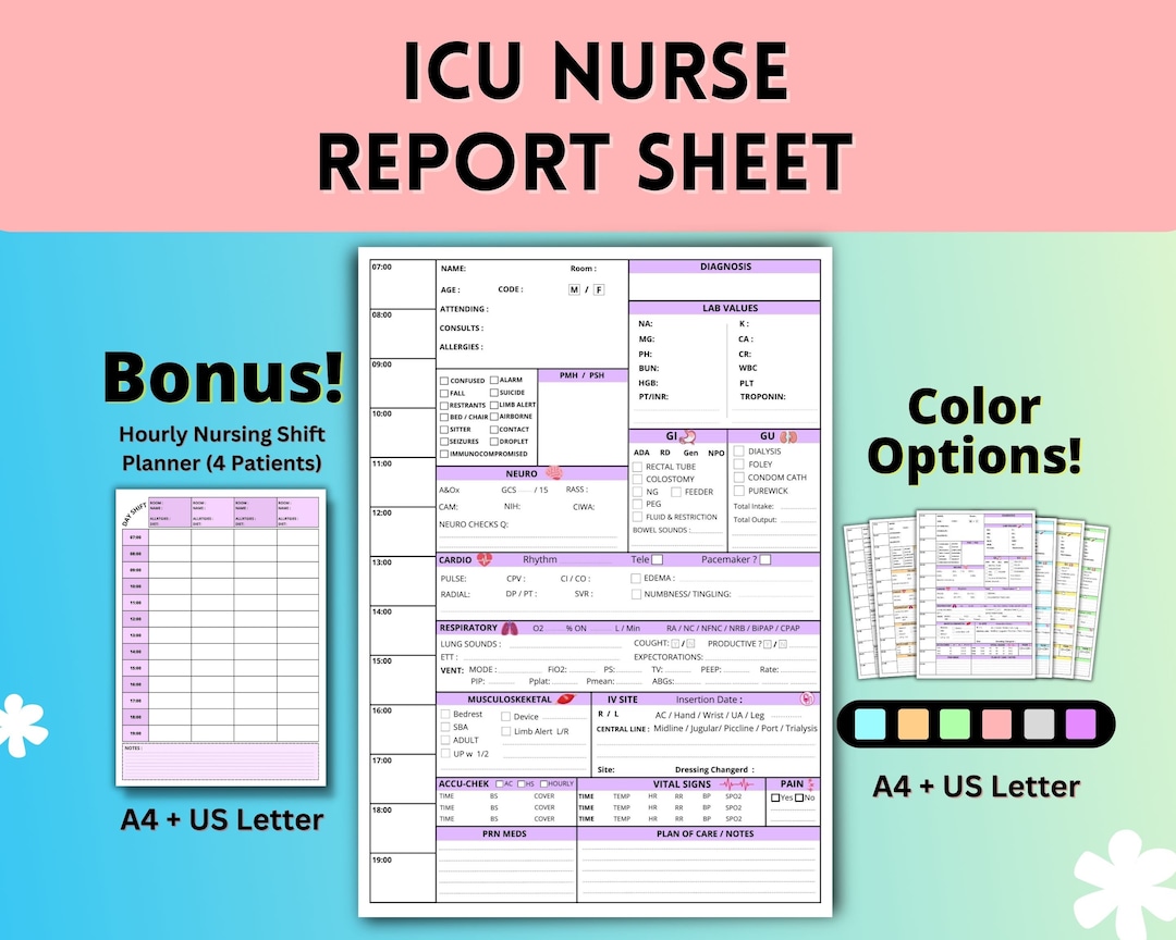 ICU Nurse Report Sheet With Hourly Rounding, ICU Nursing Handoff Sheet ...