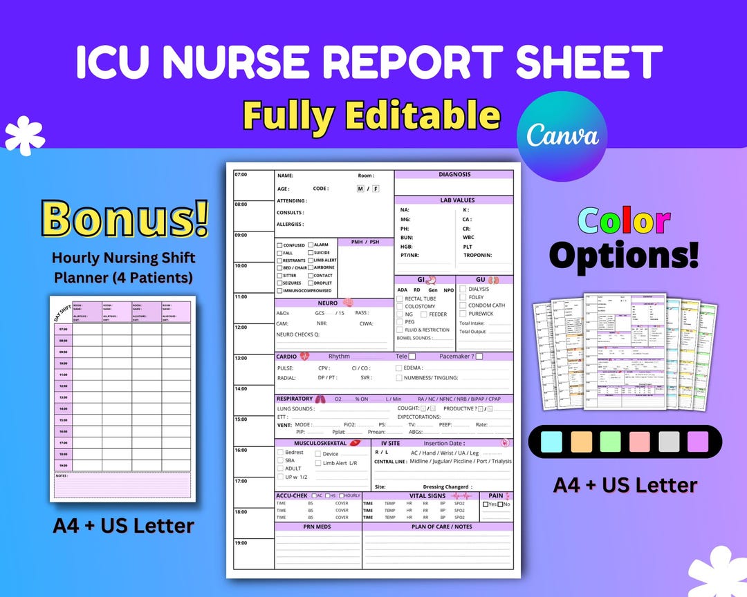 Editable ICU Nurse Report Sheet With Hourly Rounding, Med Surg Nursing ...