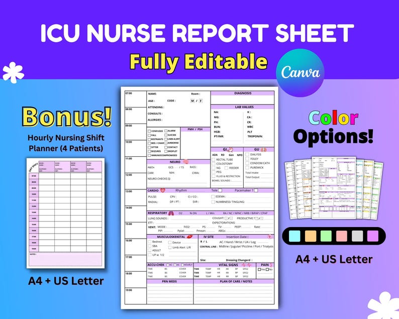 Editable ICU Nurse Report Sheet With Hourly Rounding, Med Surg Nursing ...