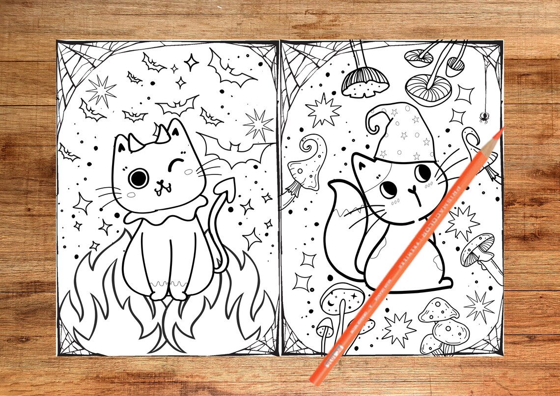 Halloween Cat Coloring Pages, Kids Activity Sheets (A4, Digital ...
