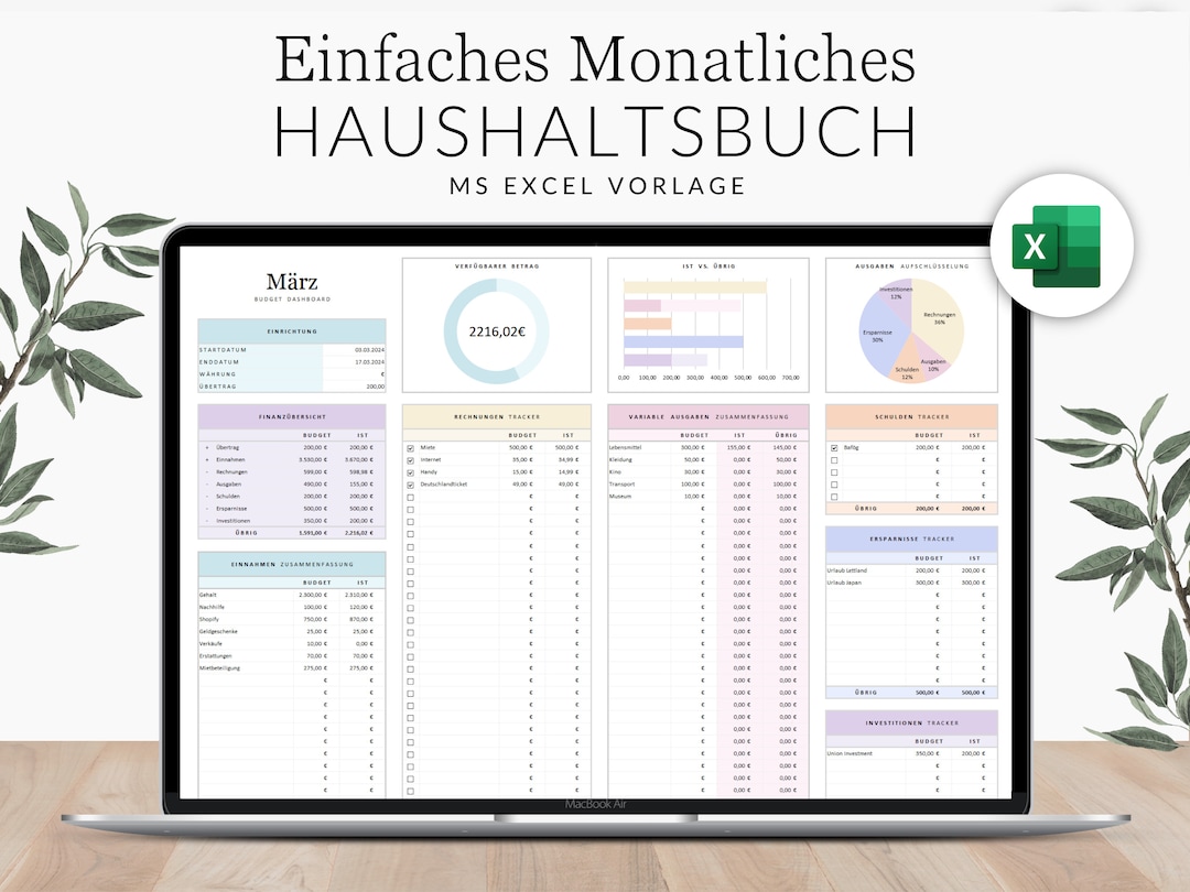 Einfaches Haushaltsbuch Microsoft Excel DEUTSCH, Vermögensplaner, Einnahmen Tracker ...