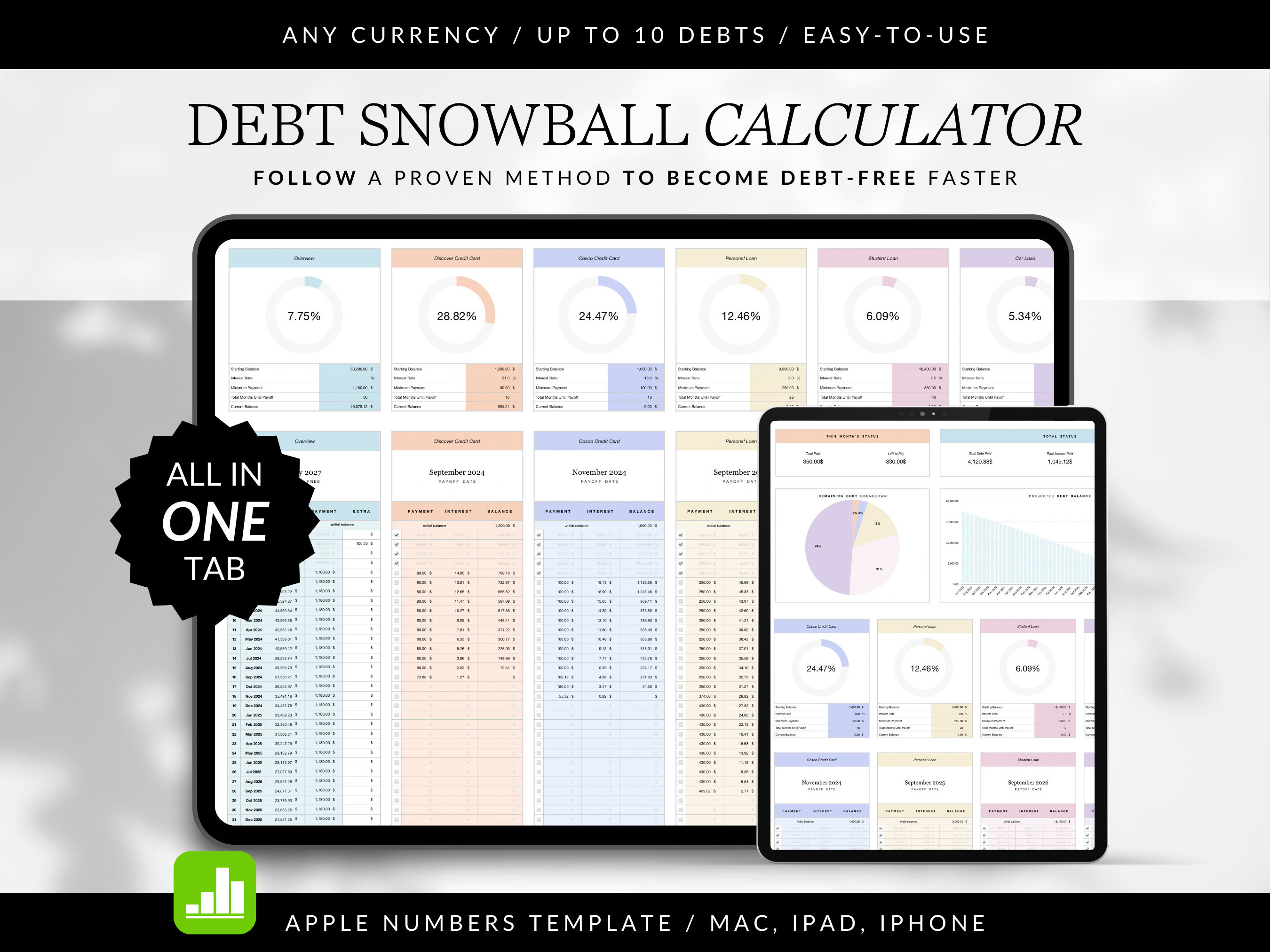 Debt Snowball Method Spreadsheet for Apple Numbers App, Loan ...