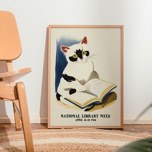 NATIONAL LIBRARY WEEK Poster Cat Giclee Linocut Art Print Vintage Books ...