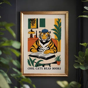 Cool Cats Read Books Poster | Retro Tiger Reading Art Print | Literary ...
