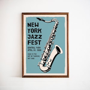 New York Jazz Fest Poster - Central Park 1999 - Retro Saxophone Art Print - Jazz Music Wall ...
