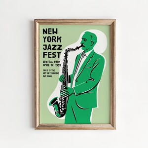 New York Jazz Fest Poster - Central Park 1999 - Retro Saxophone Player Art Print - Music ...