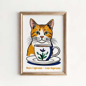 More Espresso Less Depresso Poster - Vibrant Cat & Coffee Wall Art ...