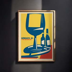 French Wine Poster GÉNIAUX 45 Wine Advertising Print, Minimalist Alcohol Print, Yellow Bar Decor ...